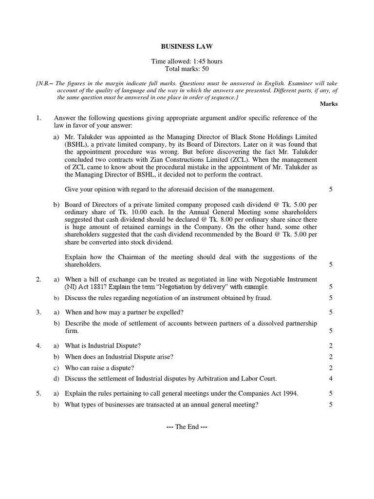 6 - Business Law - Questions - Nov - Dec - 2019 - CL | PDF | Board Of ...