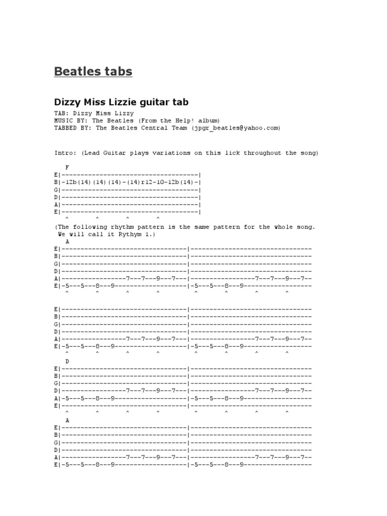 Beatles Tabs: Dizzy Miss Lizzie Guitar Tab | PDF | Song Structure ...
