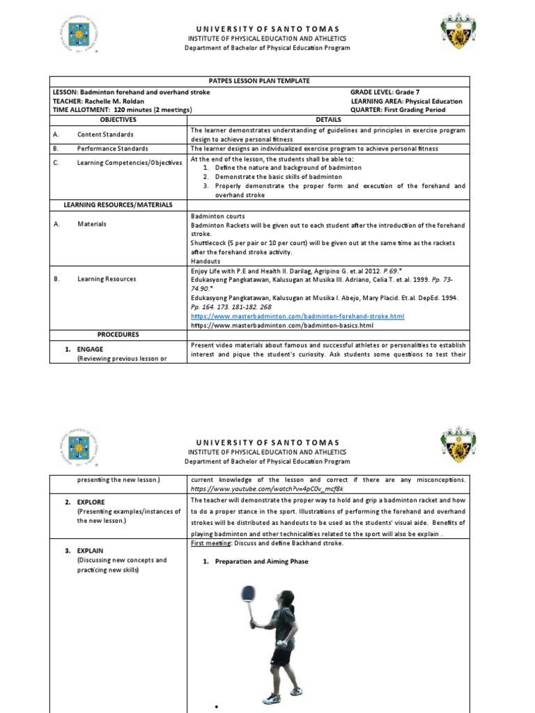Badminton Lesson Plan | PDF | Physical Education | Sports