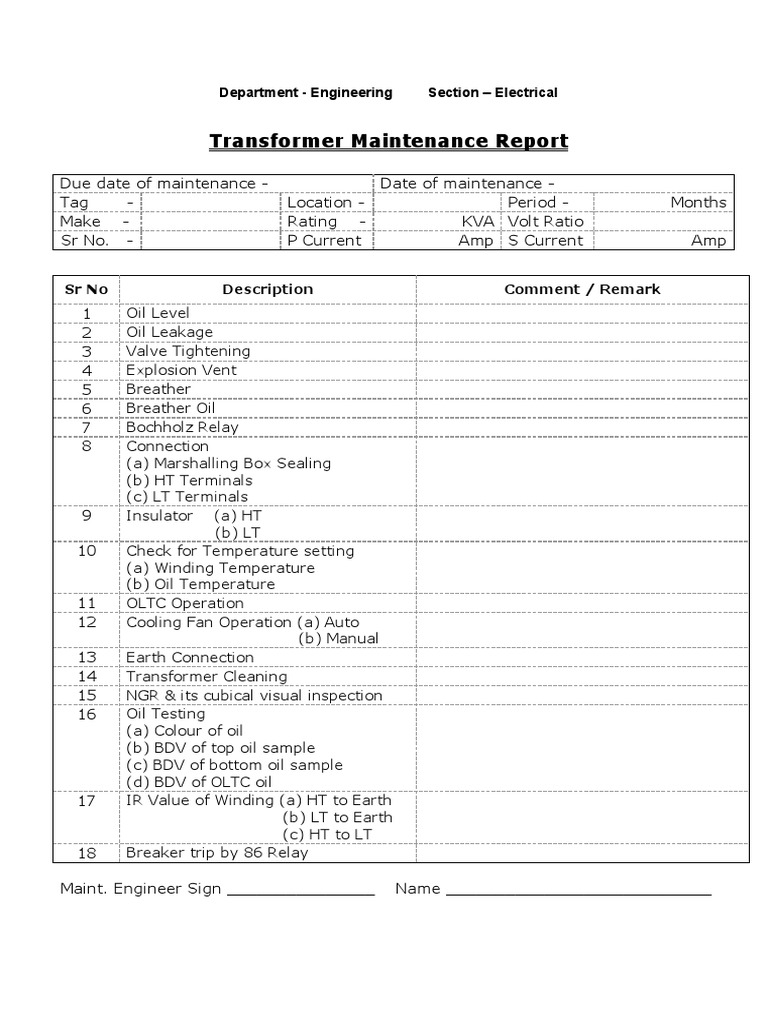 Transformer Maintenance Schedule | PDF