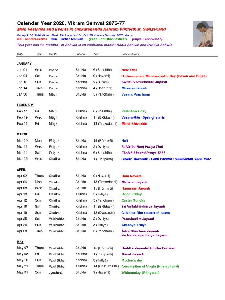 2020 Festival Calendar for Ashram Events | PDF | Lunisolar Calendars ...