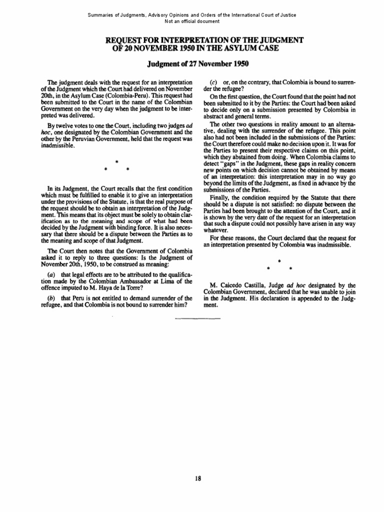 ICJ - Asylum Case (Colombia V Peru) 1950 Judgment For Interpretation ...