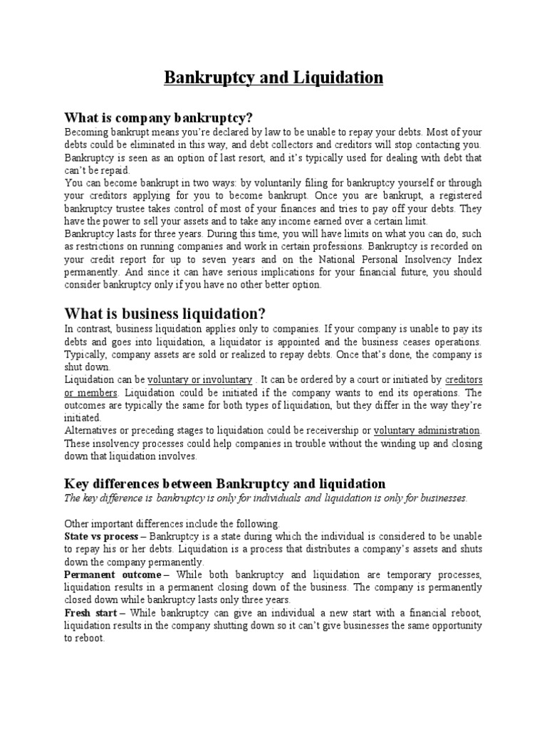 Understanding Bankruptcy vs Liquidation | PDF | Bankruptcy | Liquidation