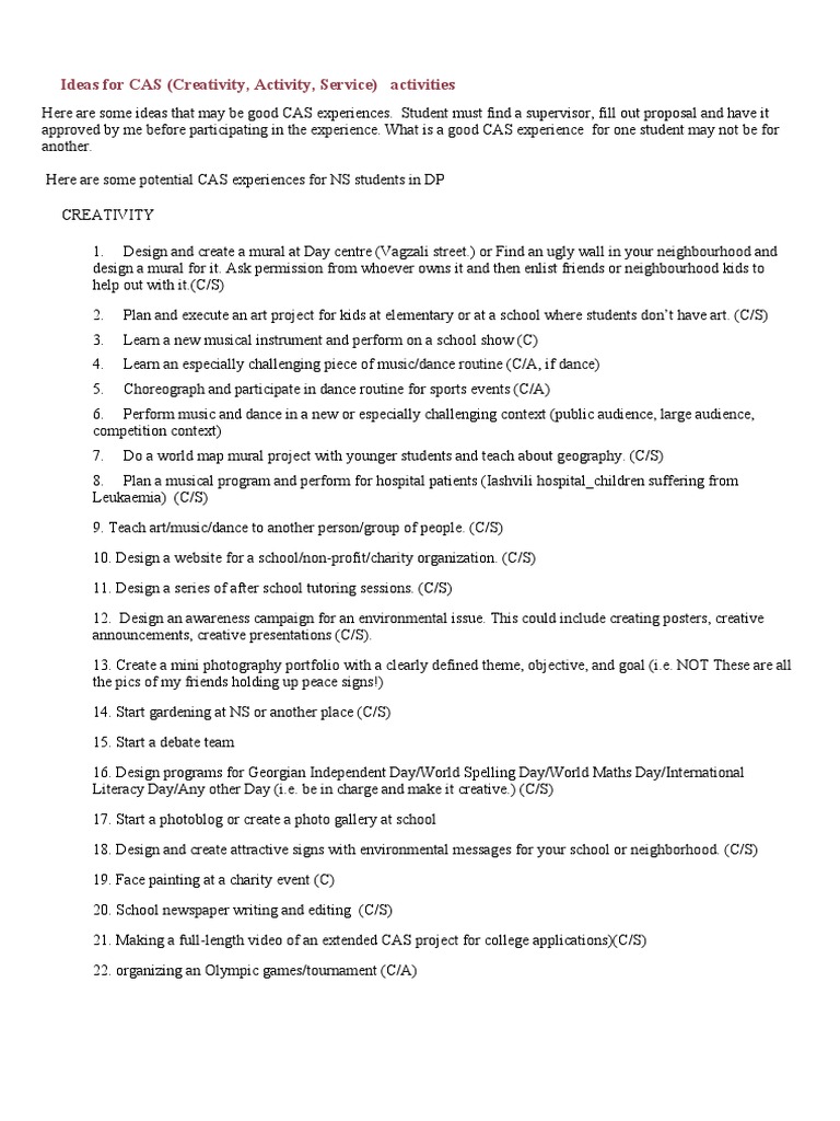 Potential CAS Experiences: Ideas for Creativity, Activity, and Service ...