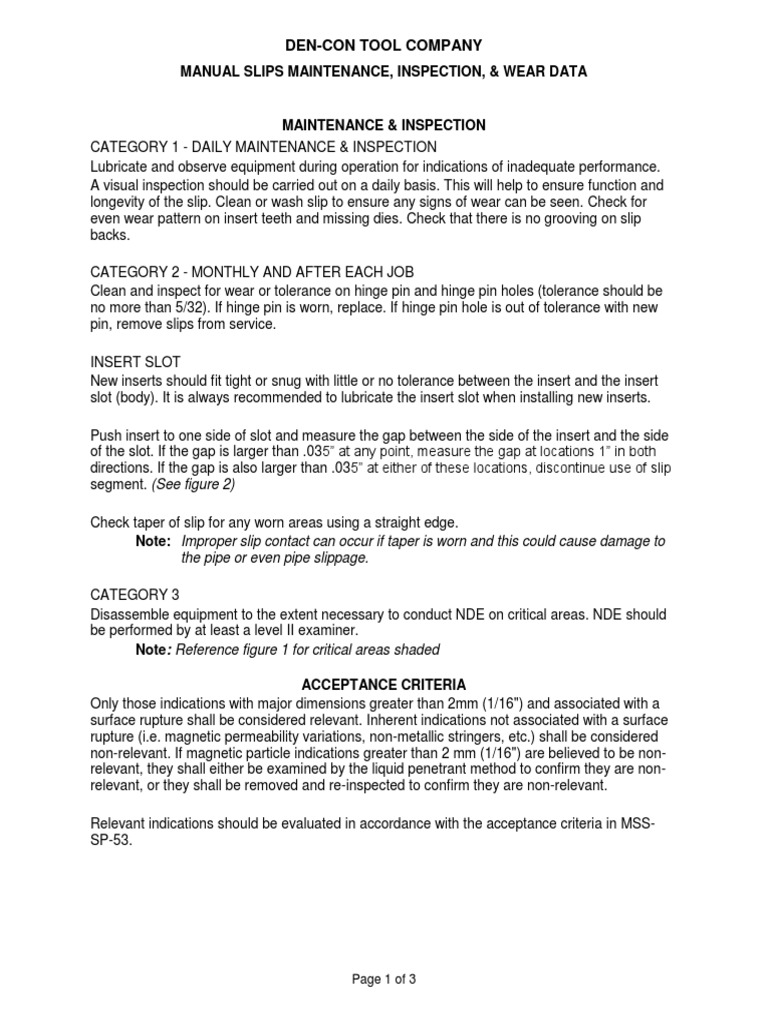 Den-Con Tool Company: Manual Slips Maintenance, Inspection, & Wear Data ...