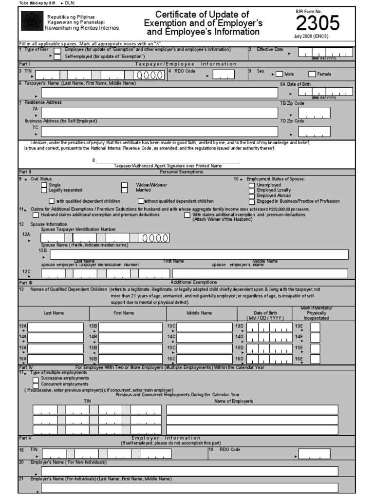 BIR Form 2305: Exemption Update Guide | PDF | Government Information ...