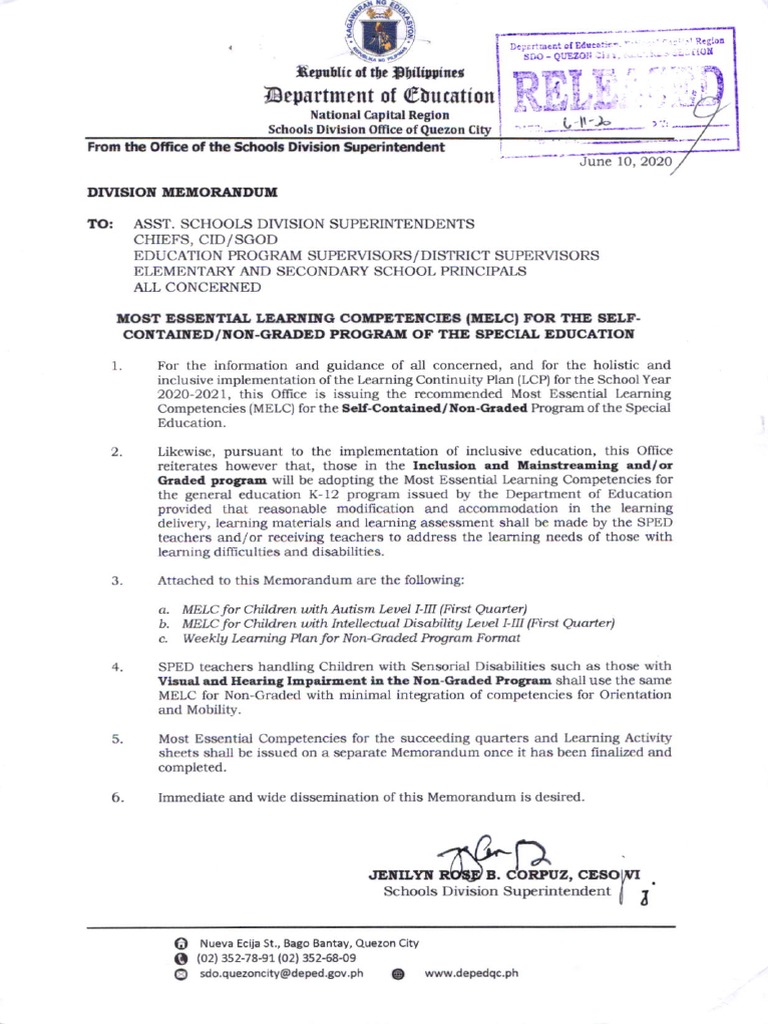 Most Essential Learning Competencies (Melc) For The Self-Contained Non ...