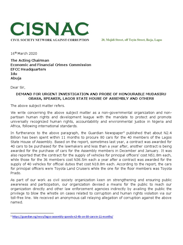 DOCUMENT: Petition To EFCC Against Mudasiru Obasa | PDF