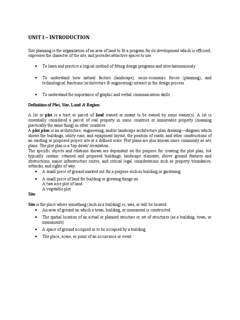 Unit I - Introduction: Definition of Plot, Site, Land & Region | PDF ...