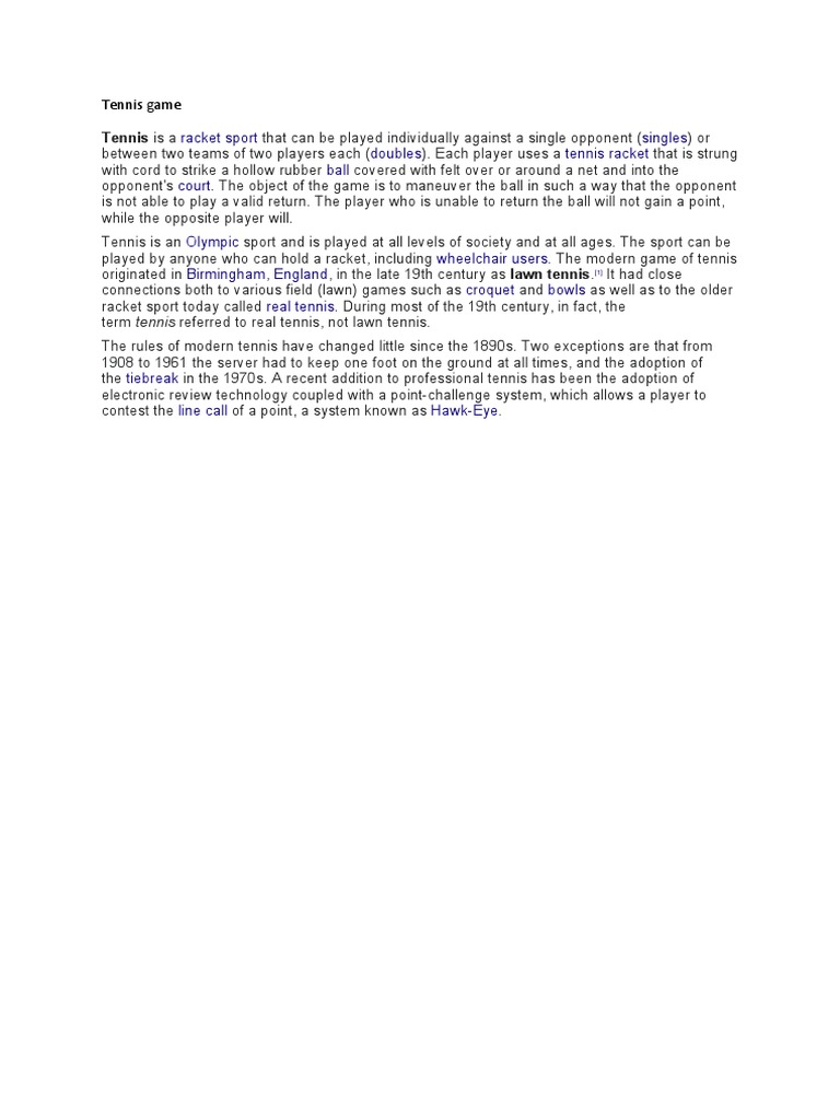 Overview of Tennis Rules and History | PDF