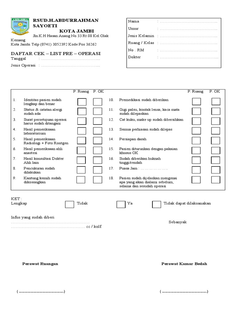 Form CHEK LIST Pre Operasi | PDF