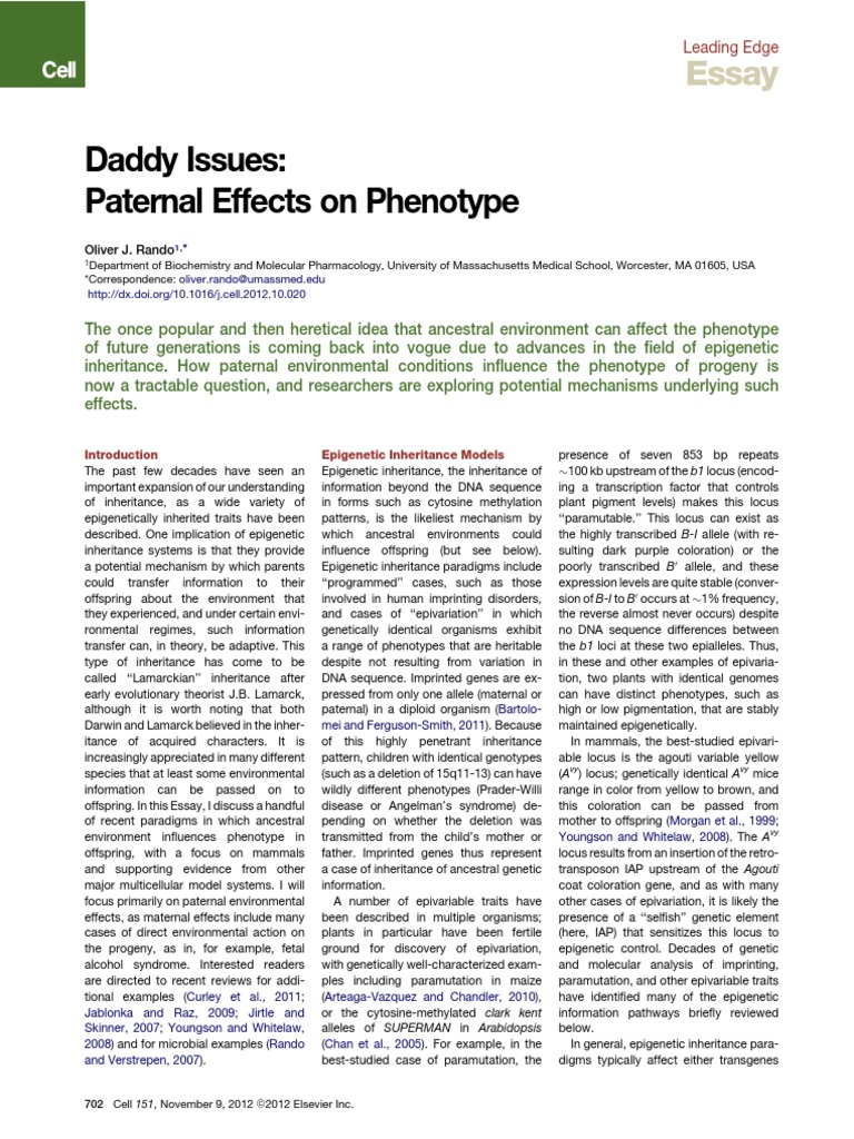 2012 Daddy Issues-Paternal Effects On Phenotype | PDF | Epigenetics ...
