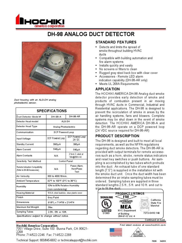 Dh-98 Analog Duct Detector: Standard Features | PDF | Switch | Duct (Flow)