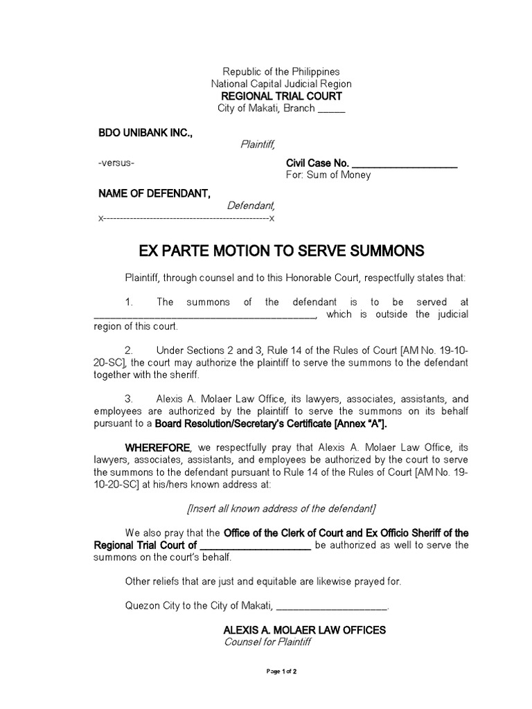 Sample Ex Parte Motion To Serve Summons (Outside Metro Manila) | PDF ...