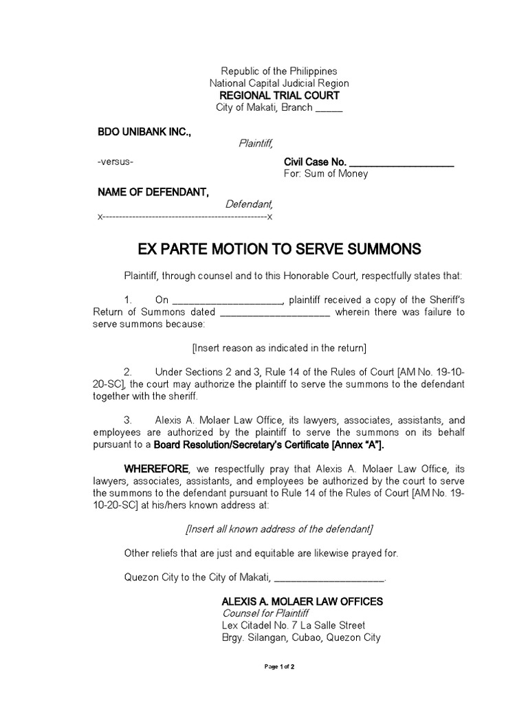 Ex Parte Motion for Summons Service | PDF | Summons | Lawyer