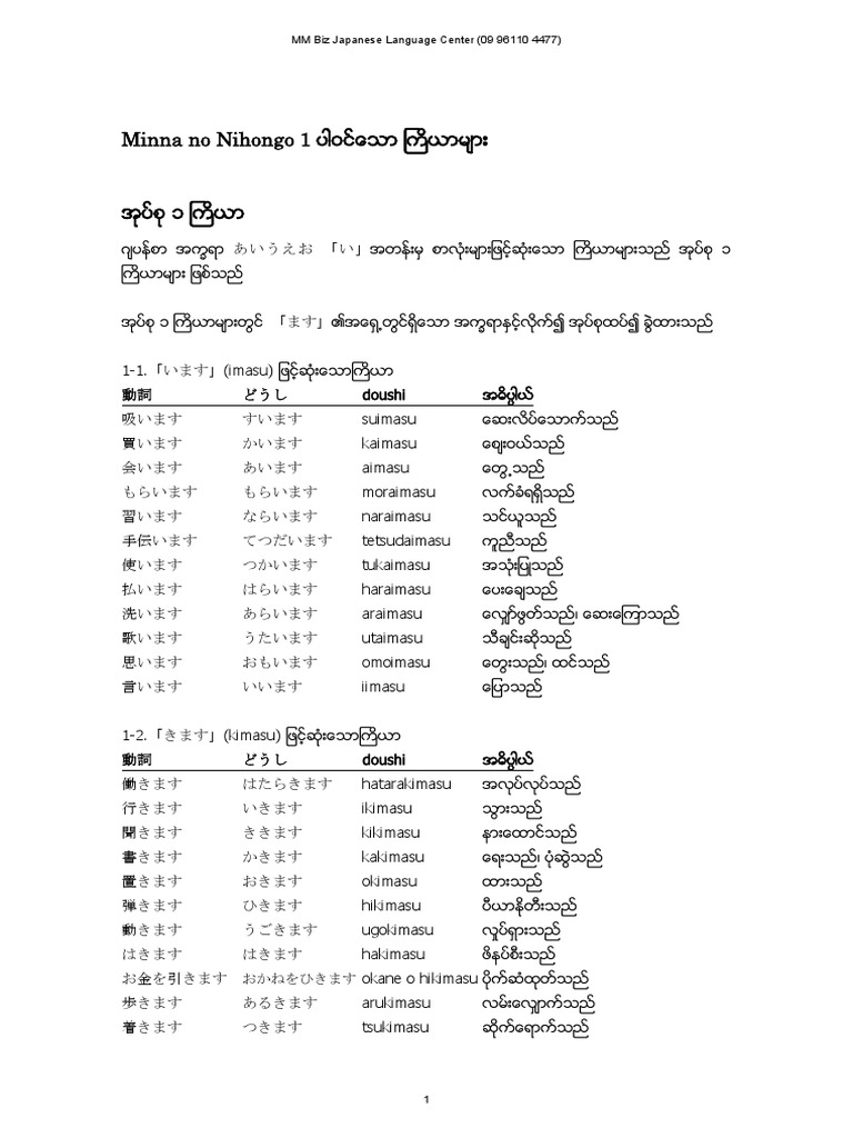 Minna No Nihongo 1 Verb List | PDF