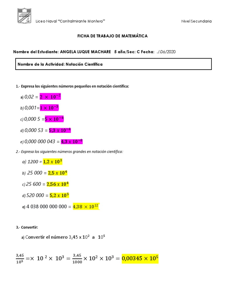 Ficha De Notacion Cientifica Pdf