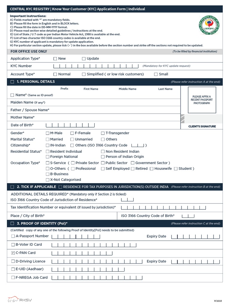 Central Kyc Registration Form For Individuals | PDF | Identity Document | Government And Personhood