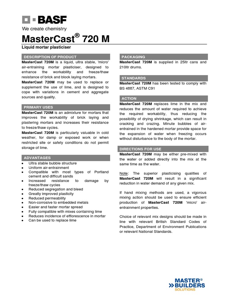 MasterCast 720M PDF | PDF | Mortar (Masonry) | Lime (Material)