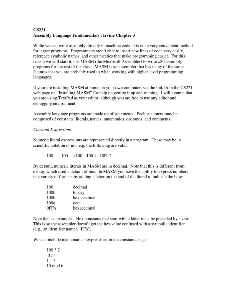 CS221 Assembly Language Fundamentals: Irvine Chapter 3: Constant ...