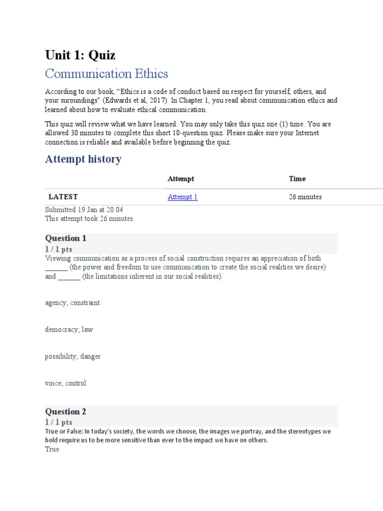 Unit 1 - Quiz | PDF | Communication | Human Communication