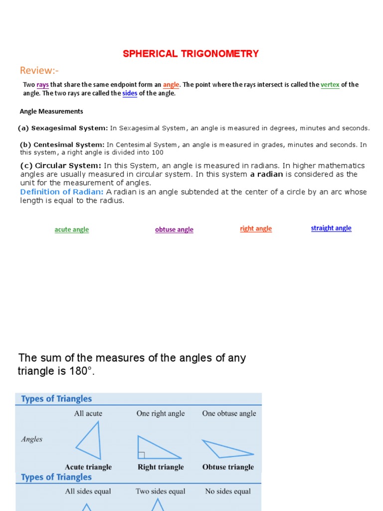 Review:-: Spherical Trigonometry | PDF | Triangle | Trigonometric Functions