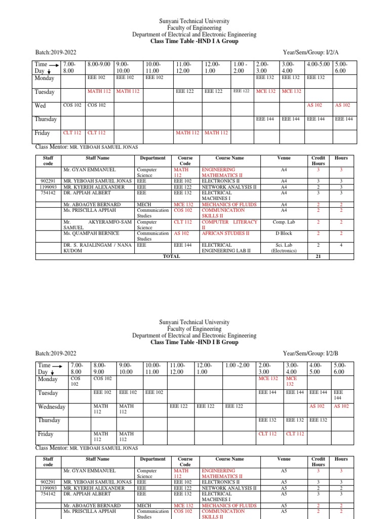 HND-Class Time Table 1.1 | PDF | Electrical Engineering | Engineering