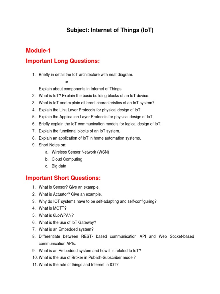 Module-1 Important Long Questions:: Subject: Internet of Things (Iot ...