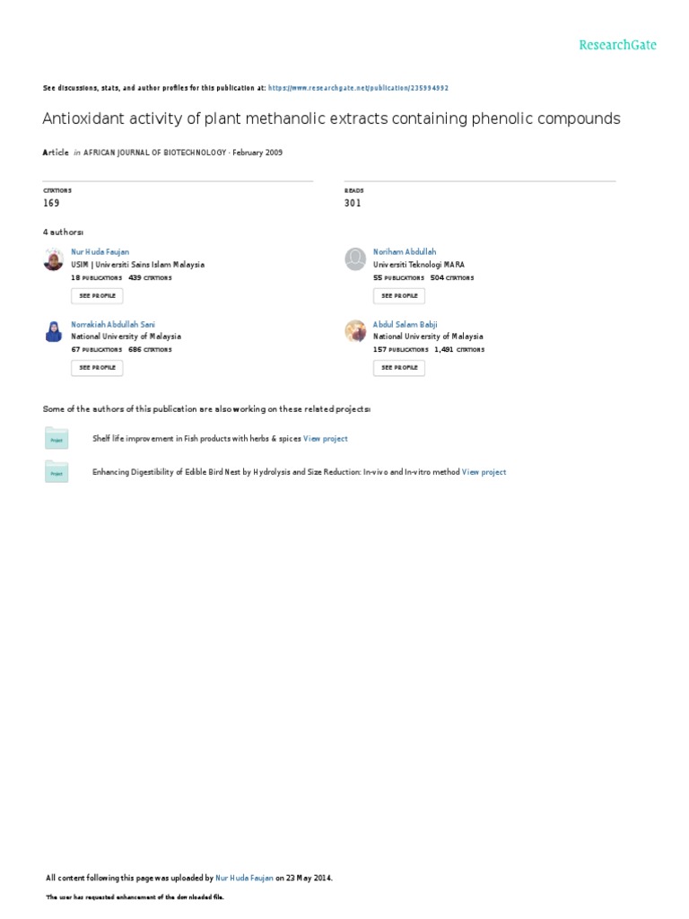 Antioxidant Activity of Plant Methanolic Extracts Containing Phenolic Compounds | PDF ...
