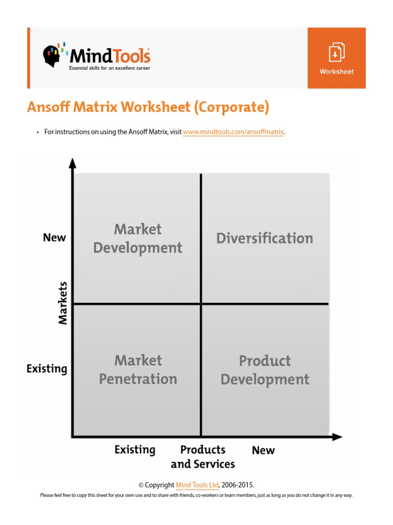 Ansoff Matrix Worksheet (Corporate) : - For Instructions On Using The ...