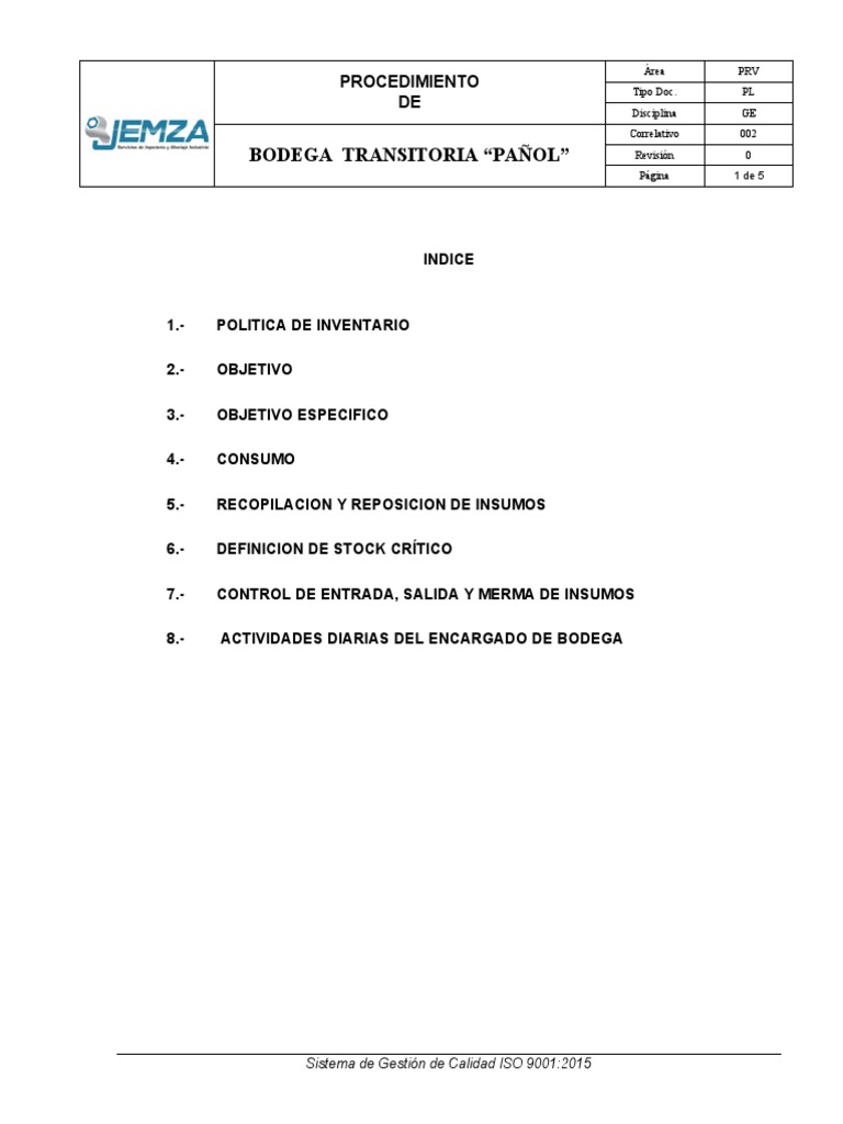 Procedimiento de Bodega Transitoria Jemza | PDF | Calidad (comercial ...