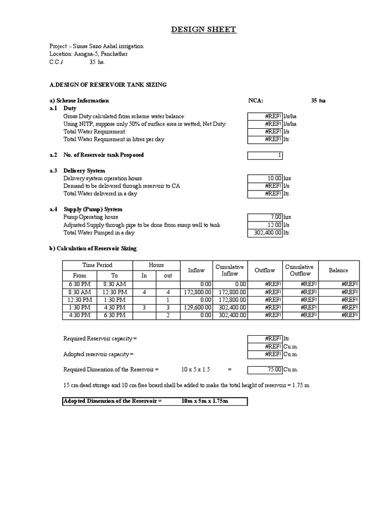 Design Sheet: A.Design of Reservoir Tank Sizing A) Scheme Information ...