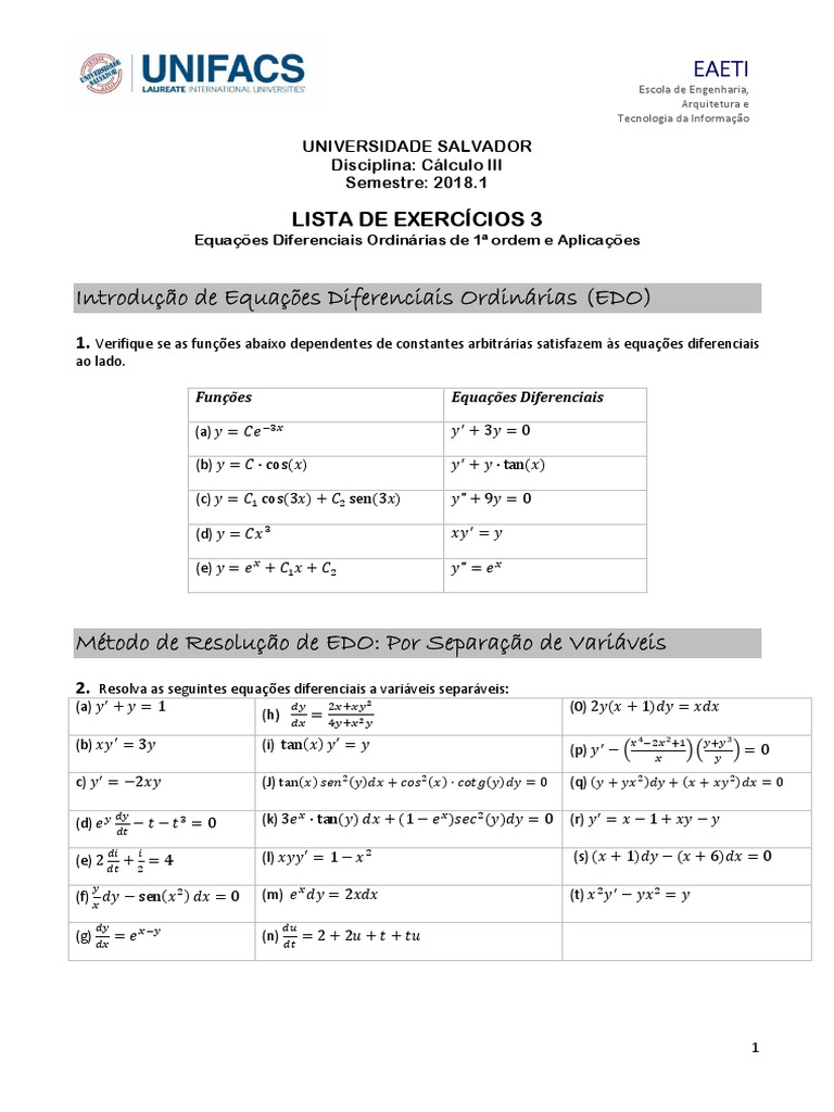 CALCULO III LISTA EXERCICIOS 3 (EDO 1 Ordem e Aplicacoes) 20181 PDF | PDF | Capacitor | Rede ...