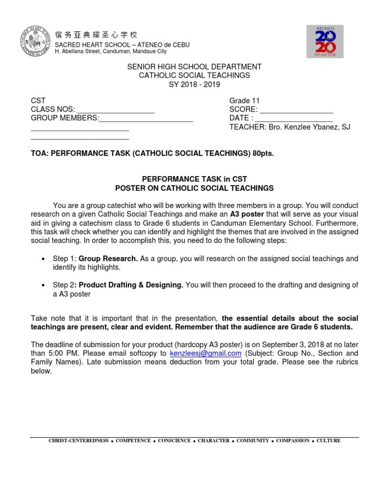 Toa: Performance Task (Catholic Social Teachings) 80Pts.: Sacred Heart School - Ateneo de Cebu ...