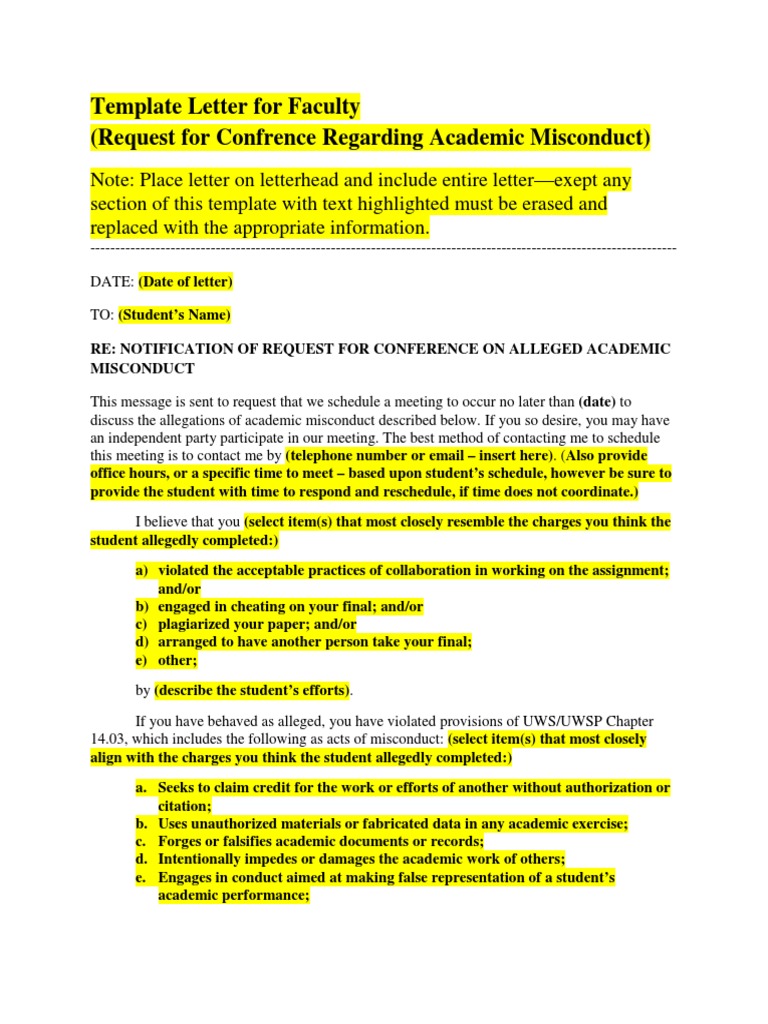 Academic Misconduct Letters - Sample Letters of Notification To Meet ...