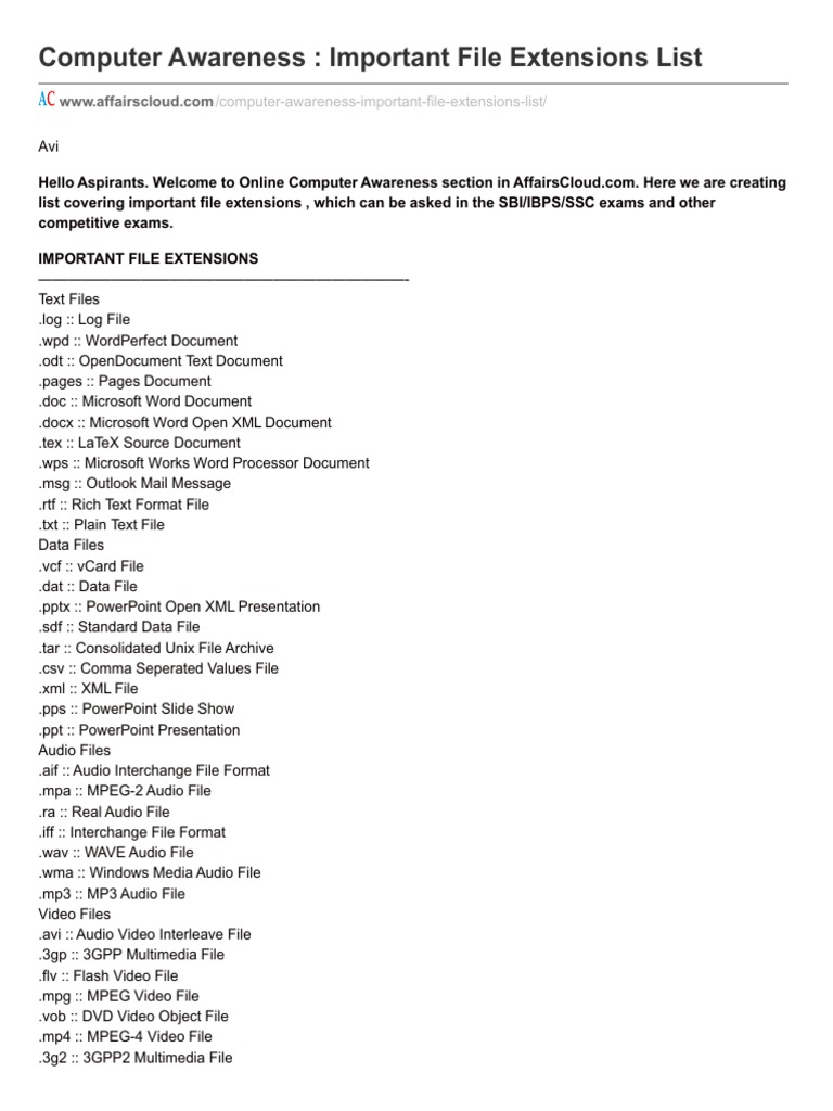 Computer Awareness Important File Extensions List | PDF | Html | Markup ...