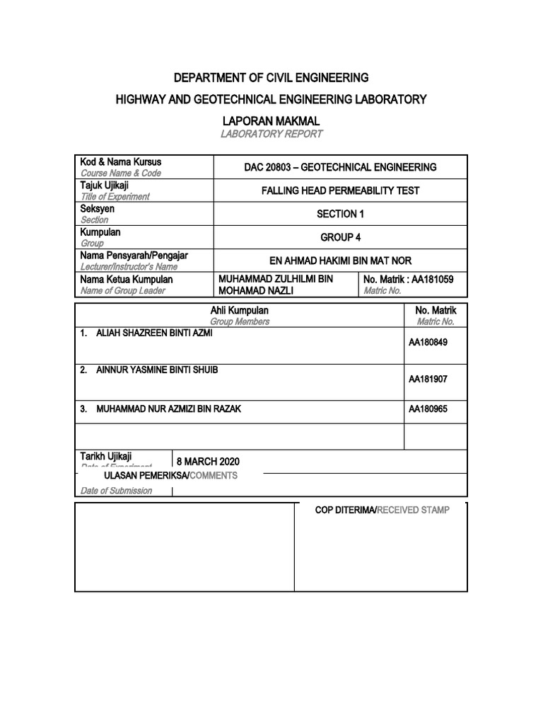 Falling Head Permeability Test Report | PDF | Permeability (Earth ...