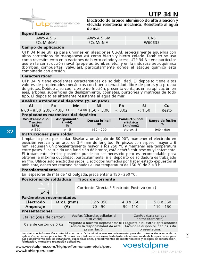Utp 34 N: Electrodo de Bronce Alumínico de Alta Aleación y Elevada ...