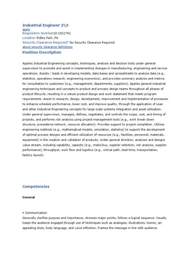 Industrial Engineer Job Description | PDF | Industrial Engineering ...
