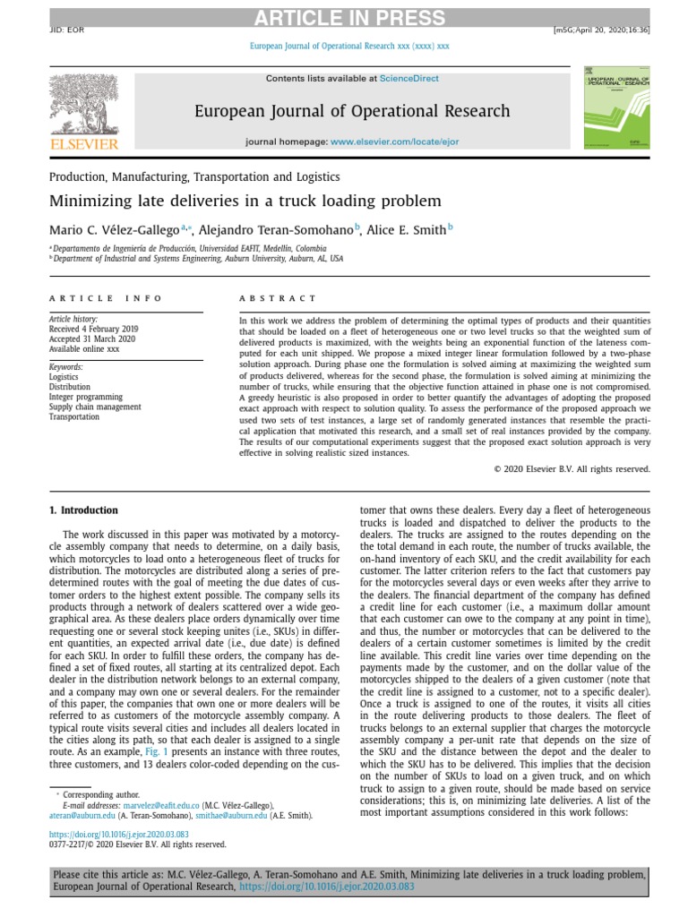 Minimizing Late Deliveries in A Truck Loading Problem Ejor | PDF ...