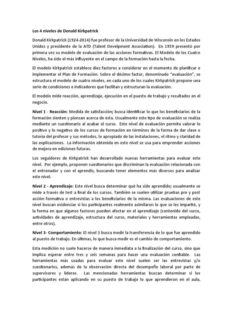 Los 4 Niveles de Donald Kirkpatrick | PDF | Lean Startup | Evaluación