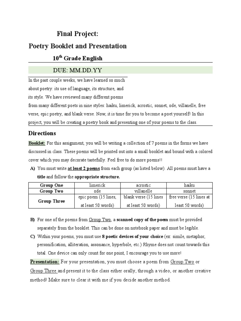 Final Project: Poetry Booklet and Presentation: 10 Grade English | PDF ...