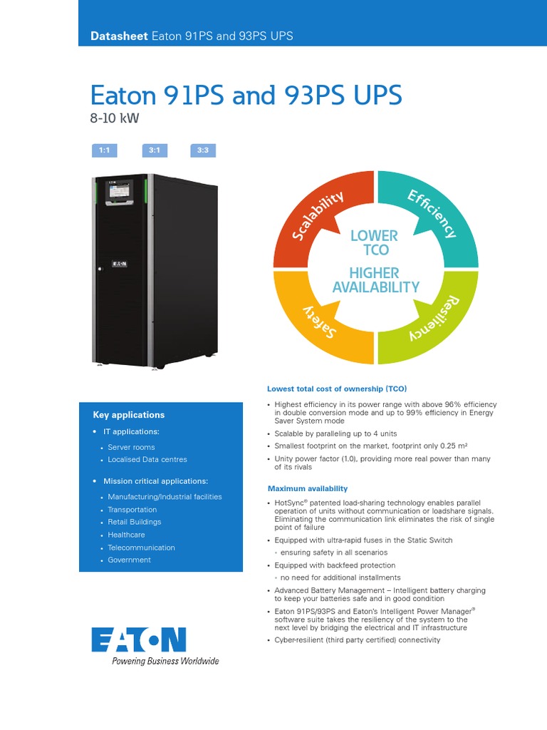 Eaton 91PS and 93PS UPS: Lower TCO Higher Availability | PDF | Data ...