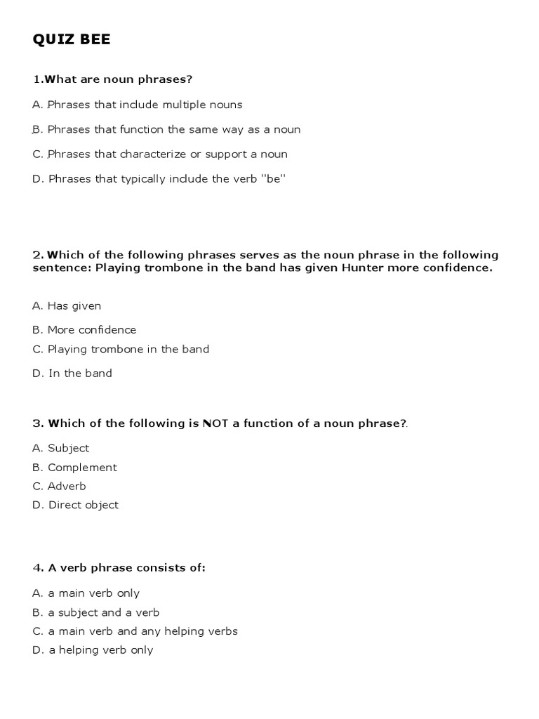 QUIZ BEE Phrases | PDF | Verb | Phrase