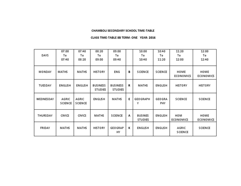 Chamboli Secondary School Time Table Class Time Table 8B Term One Year