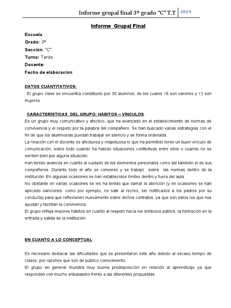 Informe Del Grupo 1 | PDF | Salón de clases | Aprendizaje
