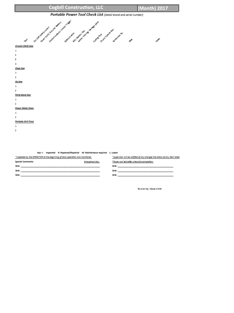 2017 Generic Portable Powertool Quartery Check List | PDF | Tools