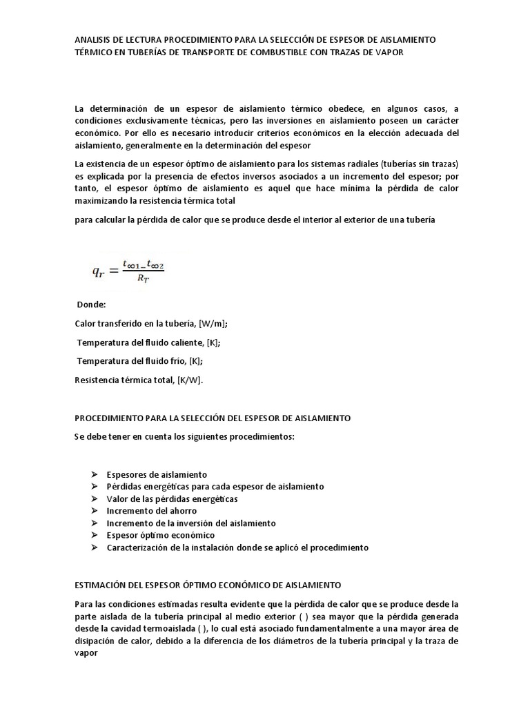 Analisis de Lectura Procedimiento para La Selección de Espesor de Aislamiento Térmico en ...