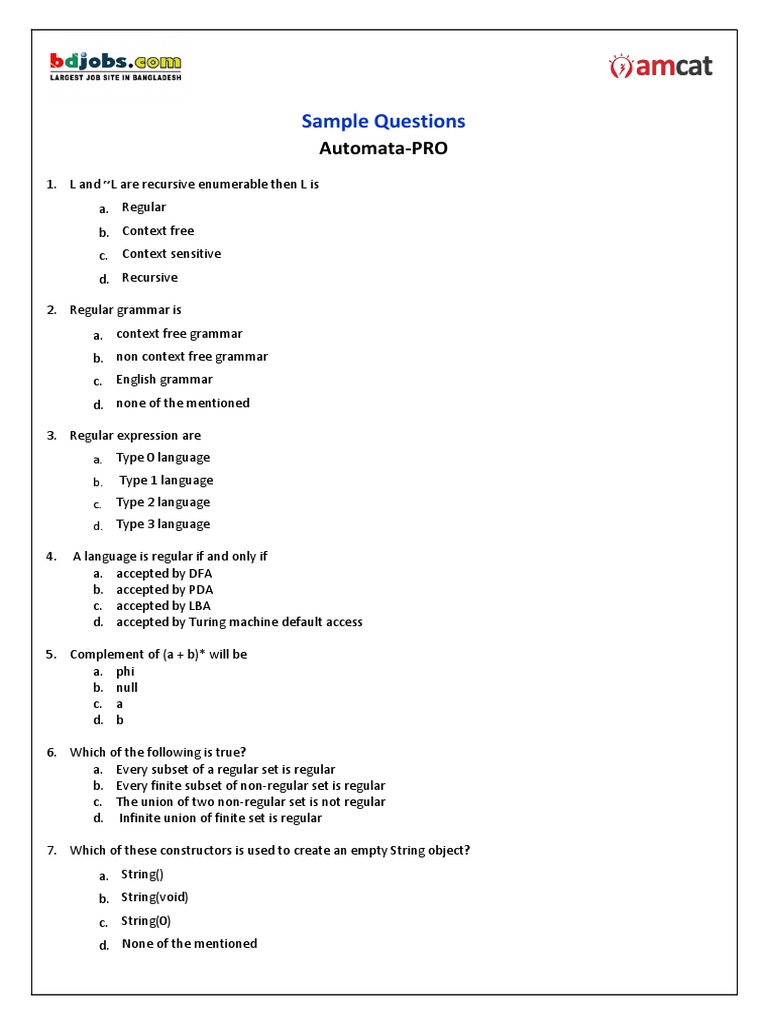Sample Questions: Automata-PRO | PDF