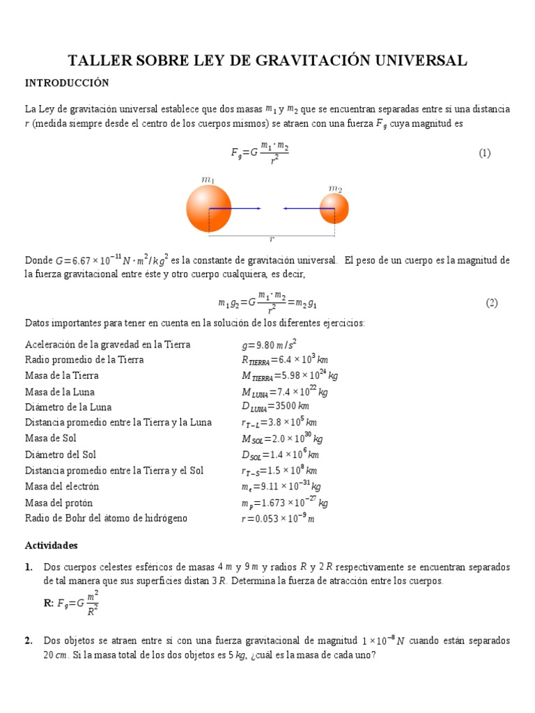 Taller Sobre Ley de Gravitación Universal | PDF | Masa | Gravedad
